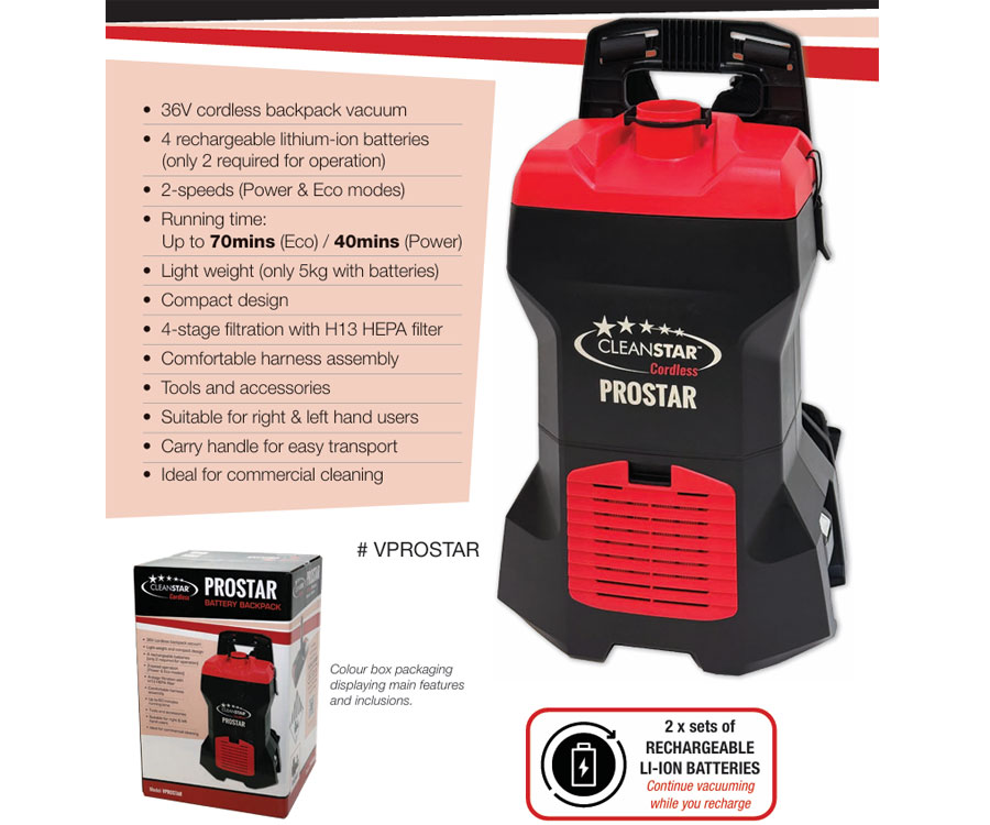 COMBO ACTIV8 + PROSTAR 36V Cordless Backpack Vacuum Cleaner with 4 ...